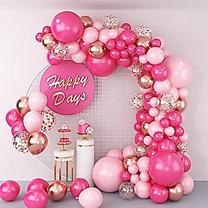 150PCS Pink Balloons Garland Arch Kit, 18 12 10 5 inch Hot Pink Metallic Rose Gold and Confetti Balloons Garland, Barbie Balloons Arch for Princess Birthday Party Wedding Baby Bridal Shower Engagement