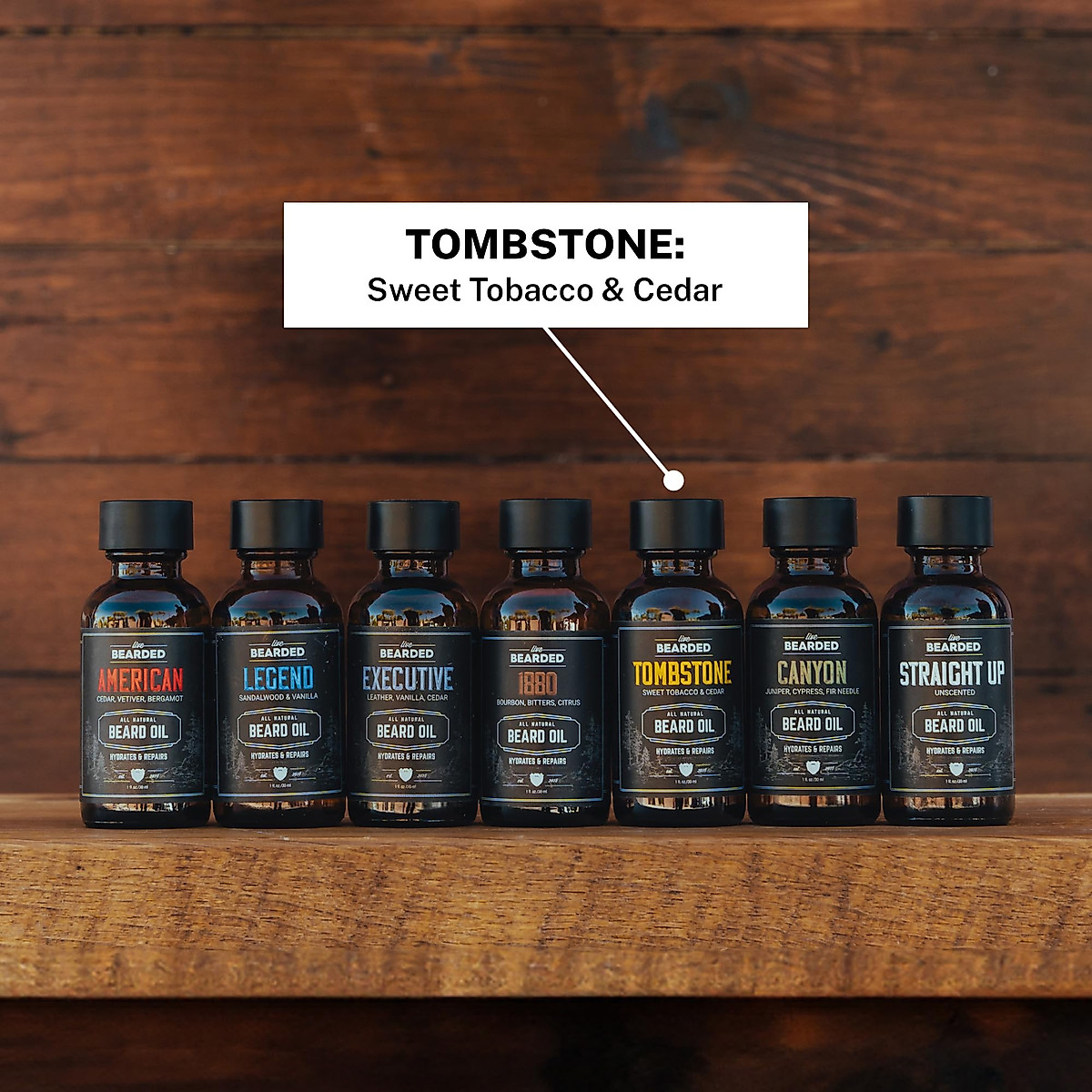 Live Bearded Beard Oil, 1 fl oz - Premium All-Natural Jojoba - Made in the USA - Hair and Skin Care for Men with Dry, Flaky Patches | Tombstone Scent - Sweet Tobacco, Cedar