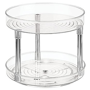 mDesign 2-Tier Lazy Susan Makeup Organizer - 9-Inch Lazy Susan Turntable Organizer for Bathroom Counter, Cabinets, Vanity - Bathroom Lazy Susan for Cosmetics Storage - Ligne Collection, Clear/Chrome
