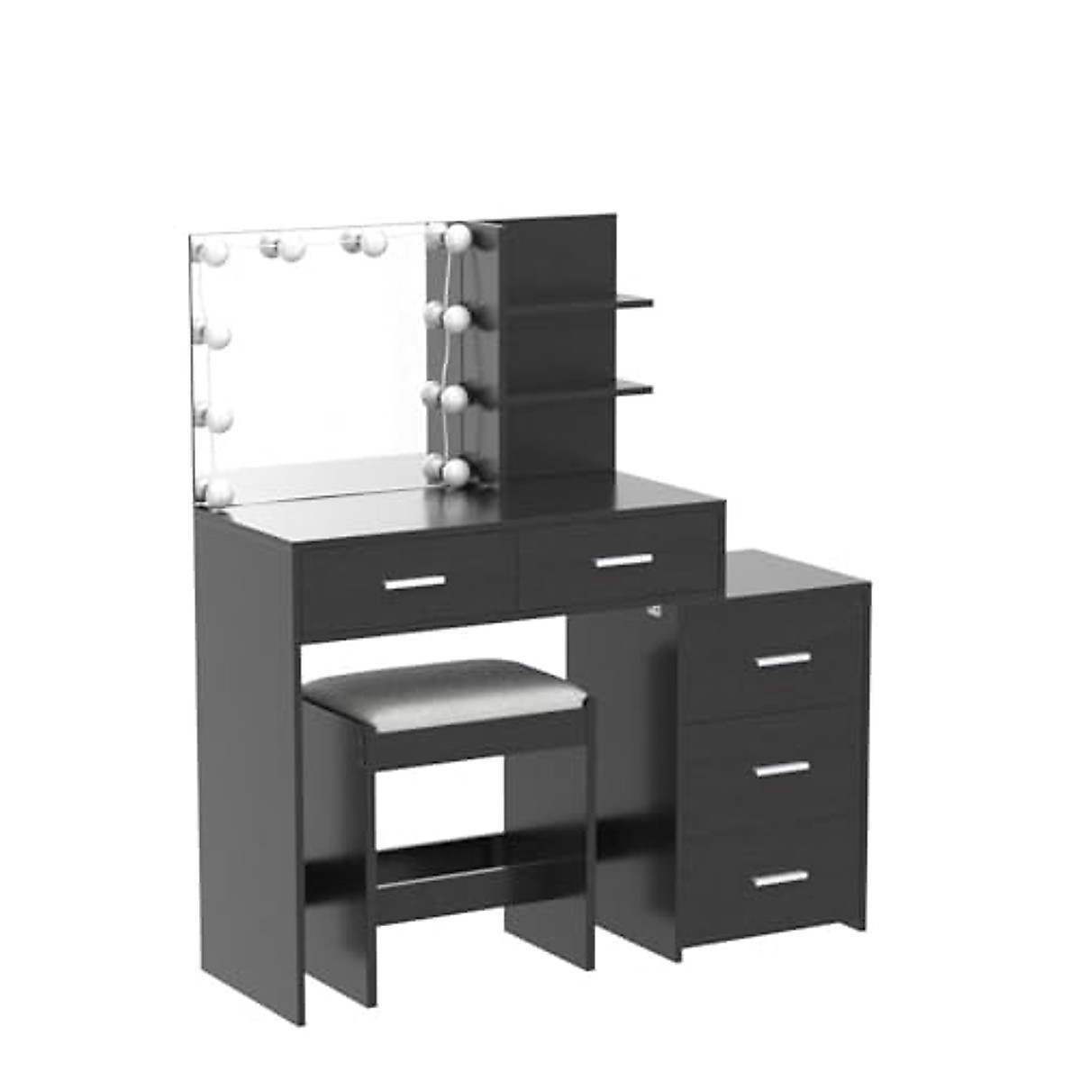 usikey 43.5in Large Vanity Desk with Mirror and 10 LED Lights, Makeup Vanity Table with Lights and 5 Drawers, Black Vanity Table Vanity Set with Storage Shelves and Stool for Women Girls, Black