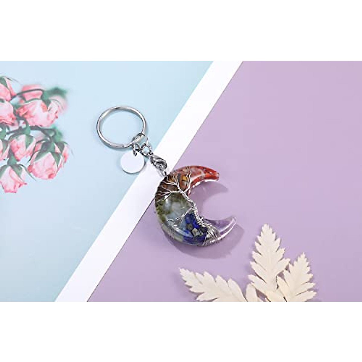 MANIFO 7 Chakra Crystal Keyring Wire Wrapped Moon Gemstone Healing Quartz Crystals Stone Keychain Jewelry for Women