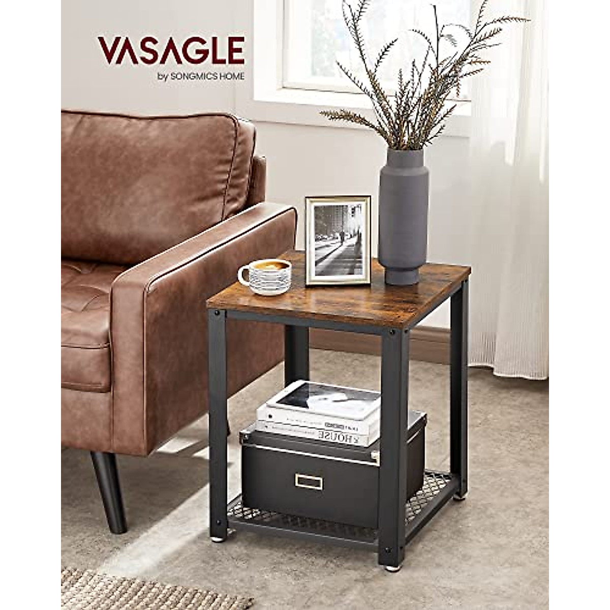 VASAGLE Side Table, 2-Tier Nightstand, End Table with Mesh Shelf, Steel Frame, Adjustable Feet, for Living Room, Bedroom, Industrial Style, Rustic Brown and Black ULET41X