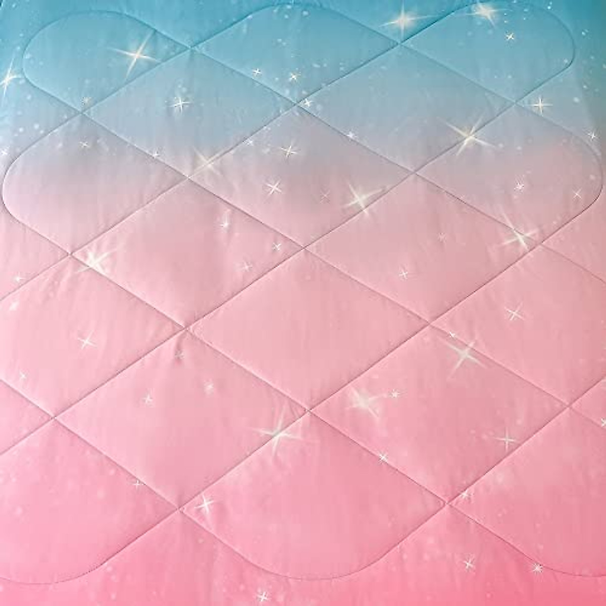 Rainbow Pink Glitter Stars Kids Comforter Set for Girls Queen Size Bedding Set 3 Piece Bed in A Bag Lightweight Quit Blue Gradient Sparkle Mermaid Galaxy Duvet Set for Kids Boys with 2 Pillowcases
