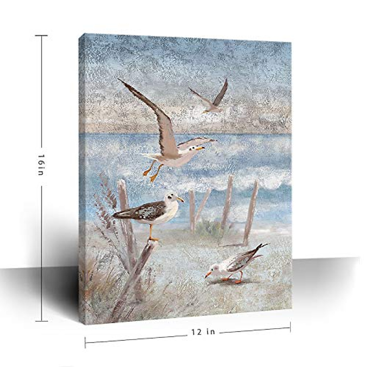 Beach Wall Art Bathroom Decor Ocean Theme Canvas Print Coastal Painting Perching Bird by The Sea Shore Abstract Seascape Picture Framed Artwork for Bedroom Living Room Office Ready to Hang 12x16inch
