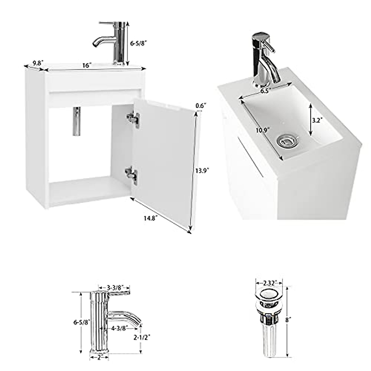 eclife 16" Bathroom Vanity Sink Combo for Small Space, Modern Pianted Wall Mounted Cabinet Set w/White Resin Basin Sink Top, Chrome Faucet & Pop Up U Shape Drain (B10W)