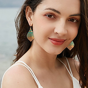 TIANBANGSHI Handmade Vintage leaf Earrings Bohemian Hammered & Engraved Earrings Unique Antique Silver Gold Tribal Ethnic teardrop Shaped Drop Dangle Earrings for Women Jewelry (gold)