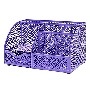 Annova Mesh Desk Organizer Office with 7 Compartments + Drawer/Desk Tidy Candy/Pen Holder/Multifunctional Organizer - Purple