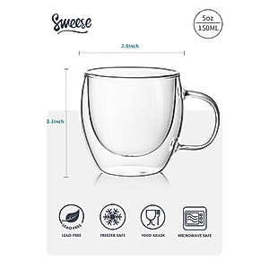 Sweese Glass Espresso Cups, 5oz & 8oz Double Wall Glass Coffee Mugs, Set of 6