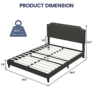GAOMON Queen Bed Frame with Headboard Adjustable Upholstered Bed Frame Queen Size with Nailhead Trim Headboard, Mattress Foundation, Strong Wood Slat Support, No Box Spring Needed, Dark Grey