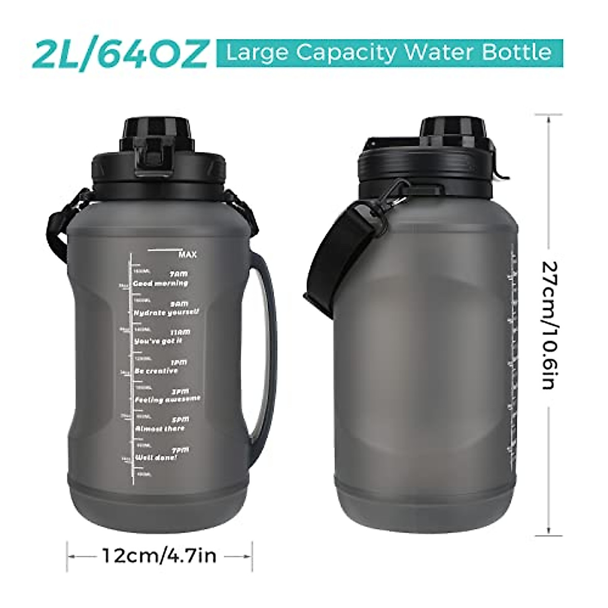 Augot Collapsible Water Bottle, 2L/64OZ Large Capacity Water Bottle with Straw Half Gallon Silicone Foldable Water Bottle with Carrying Strap & Time Markings for Outdoor Travel Runing Fitness (Black)