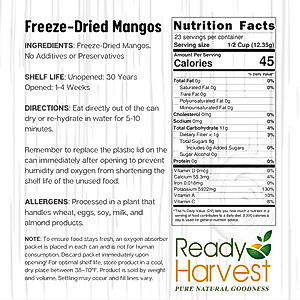 Ready Harvest Freeze-Dried Mango Freeze-Dried Fruit, Freeze-Dried Food Gluten Free Snacks, Fruit Snacks, Canned Food, Bug Out Bag Camping Essentials, Veggie Snacks #10 Can, 25-Year Shelf Life 397g
