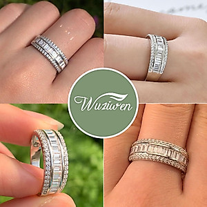 Wuziwen Sterling Silver Round and Baguette Eternity Ring Wedding Band for Women Cubic Zirconia Sz 7