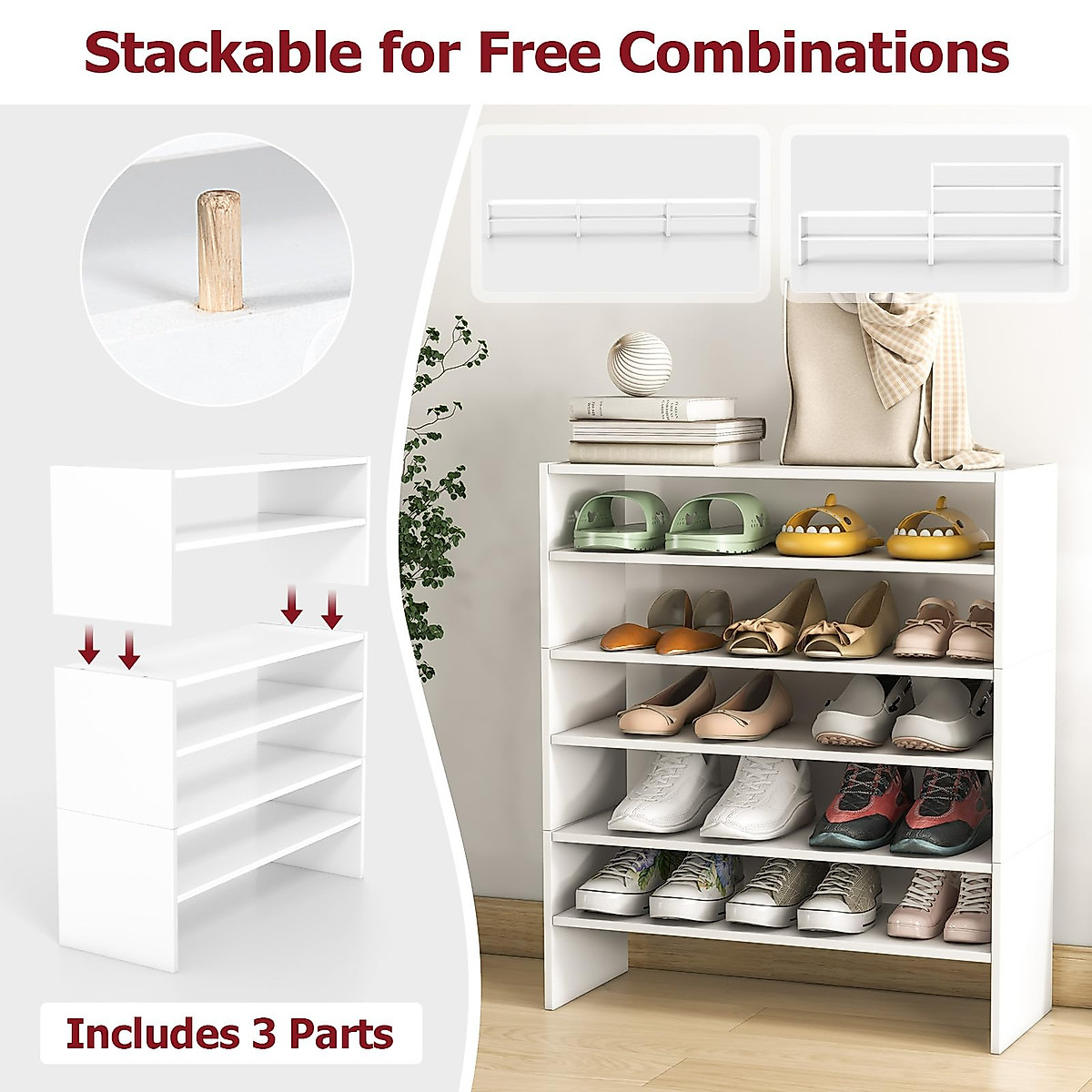 Tangkula 6-Tier Vertical Shoe Rack, Space Saving Corner Shoe Shelf with Stackable Design for 36 Pairs, 3-in-1 Adjustable Storage Shoe Stand for Front Door Entryway (2, White)