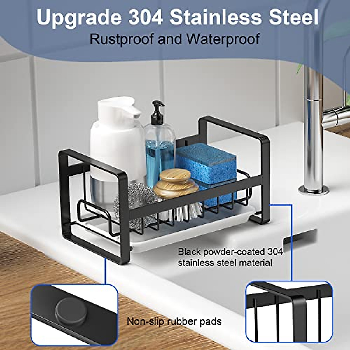 Kitchen Sink Caddy Sponge Holder, 304 Stainless Steel Sink Tray Drainer Rack, Soap Brush Dispenser, Countertop or Adhesive Sponge Holder Organizer for Sponge Dish Brush Soap with Removable Drain Tray