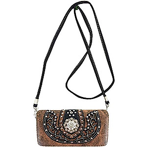 Western Style Rhinestone Conchos Studded Floral Conceal Carry Purse Country Handbag Women Shoulder Bag Wallet Set Brown