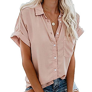 Andongnywell Women's Casual Lapel Shirt V Neck Short Sleeve Loose Casual with Pockets Front Button Blouse (Pink,2,Medium)