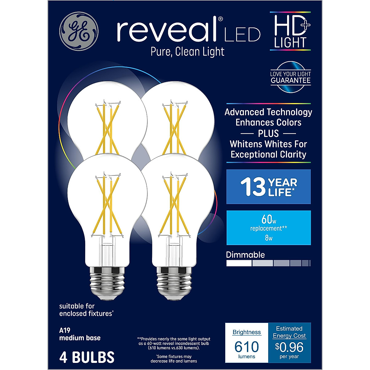 GE Reveal HD+ LED Light Bulbs, 60 Watt, A19 Bulbs (4 Pack)