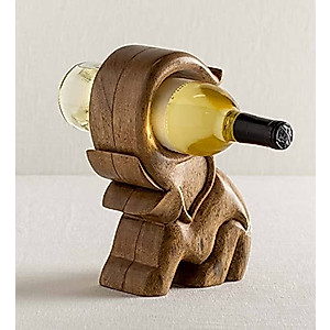 VivaTerra Hand-Carved Wooden Elephant Wine Bottle Display, 5"L x 4"W x 9"H, Elephant Wine Rack Carved in India from Mango Wood, Saluting Elephant Wine Holder