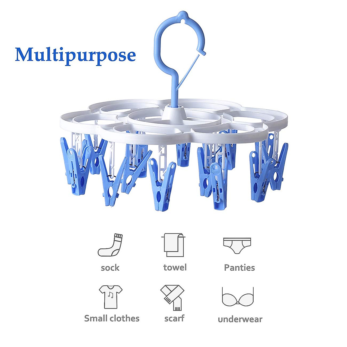 Clothespin Rack Laundry Drying Rack,Clothes Hangers with 16 Clips,Clip Hanger Drip Hanger for Drying Underwear,Baby Clothes,Socks,Bras,Towel,Pants,Hat,Scarf,Cloth Diapers,Gloves (Purple)