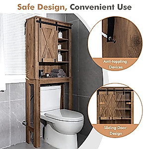 Giantex Over The Toilet Storage Cabinet - Freestanding Toilet Rack with Sliding Barn Door, 3-Level Adjustable Shelves, Anti-Toppling Devices, Non-Slip Foot Pads, Bathroom Toilet Shelf, Rustic Brown