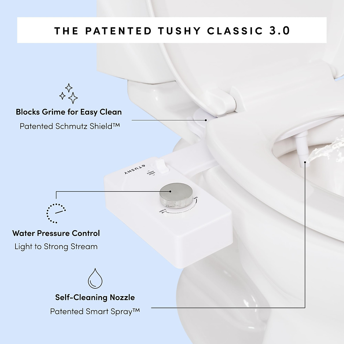 TUSHY Classic 3.0 Bidet Toilet Seat Attachment - A Non-Electric Self Cleaning Water Sprayer with Adjustable Water Pressure Nozzle, Angle Control (Classic 3.0, White/Platinum + Relaxed Ottoman)