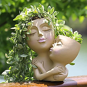 WEWEOW Face Planter Pot - Double Flower Pots in One for Indoor Outdoor Plants Resin Head Planter with Drainage Hole Cute Lady Face Plant Pots, DIY Gifts for Family and Friends