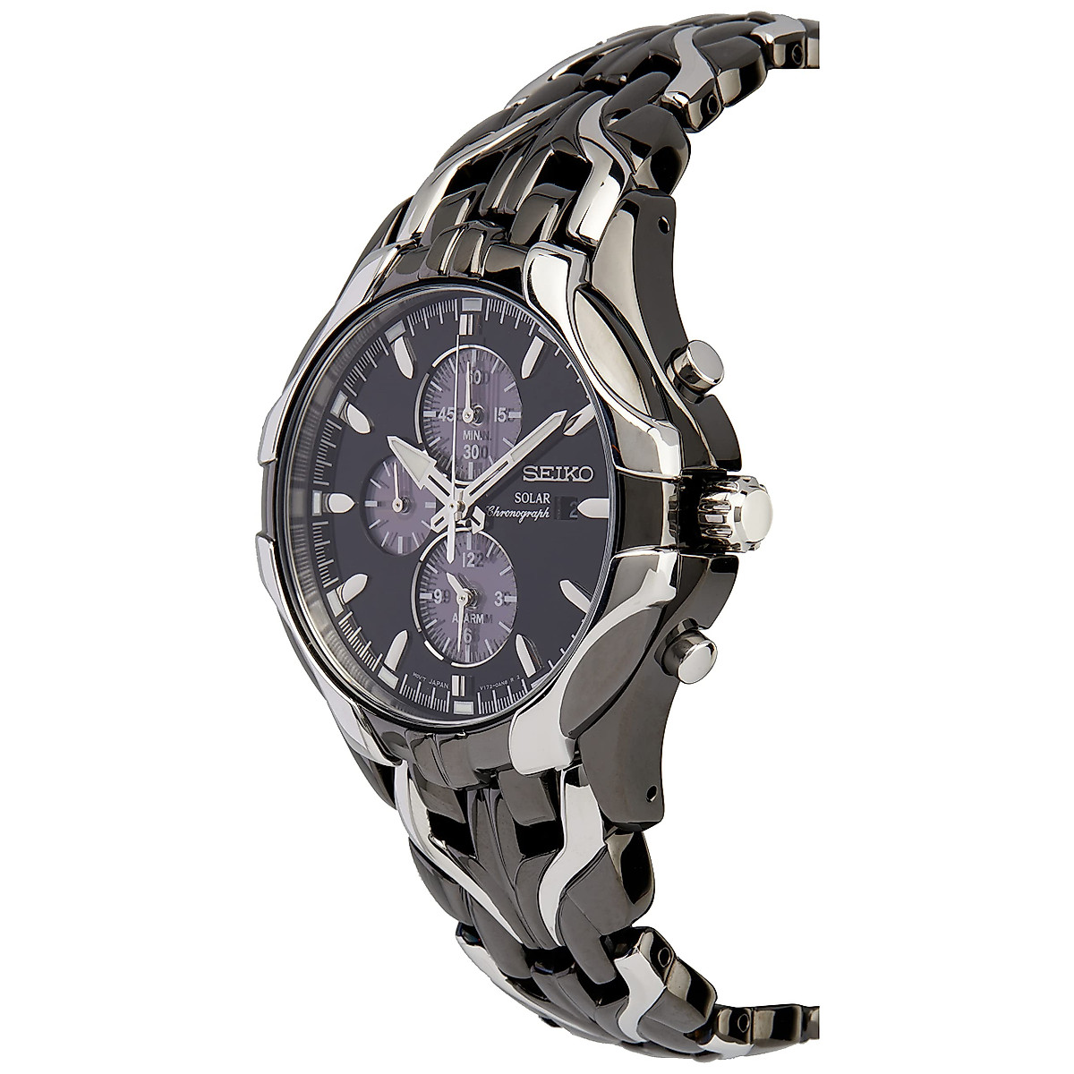 Seiko SSC139 Watch for Men - Analog, Solar Power, Stainless Steel, 43mm Case, Black Dial, 6-Month Power Reserve, Date Calendar, Water Resistant to 100m