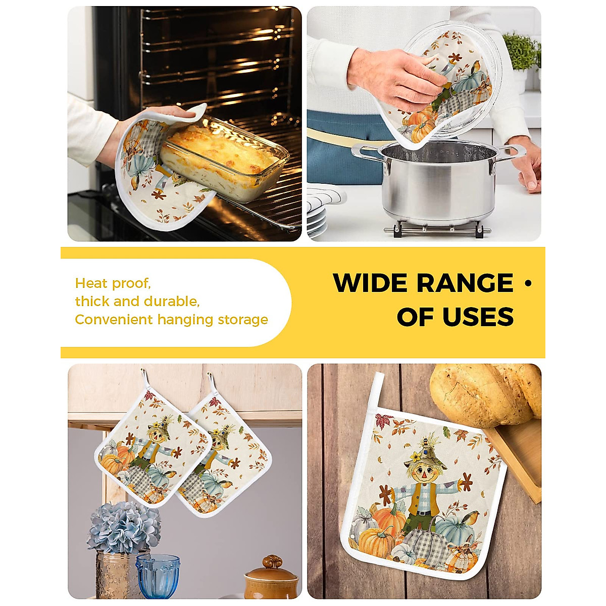 Fall Scarecrow 2 PCS Pot Holders for Kitchens Counter, Autumn Thanksgiving Pumpkin Maple Burlap Heat Insulated Podholders Oven Hot Pads for Cooking BBQ Baking Heat Proof Mat