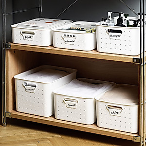 vacane Large Plastic Storage Baskets with Snap Lid, Extremely Durable, Storage Baskets for Organizing Stackable Storage Box with Handle for Closet Office, 14 x 10 x 8 inch, White