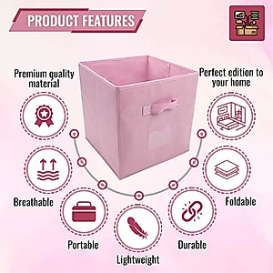 Pink Fabric Storage Cubes | Pack of 4 Organization Baskets with Handles for Home and Office | Foldable Storage Basket Set for Girls, 10.6 x 11.2-Inch