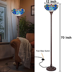 Capulina Sea Blue Tiffany Torchiere Floor Lamp Industrial Dark Bronze Pole Dragonfly Style Stained Glass Standing Light for Living Room Bedroom
