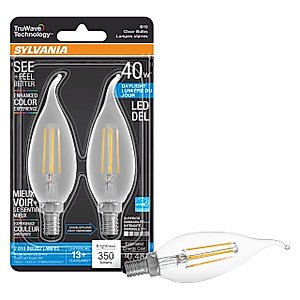SYLVANIA LED TruWave Natural Series Décor B10 Light Bulb, 40W Equivalent, Efficient 4W, Candelabra Base, 350 Lumens, Dimmable, Clear 5000K, Daylight (40791), 2 Pack,Soft White
