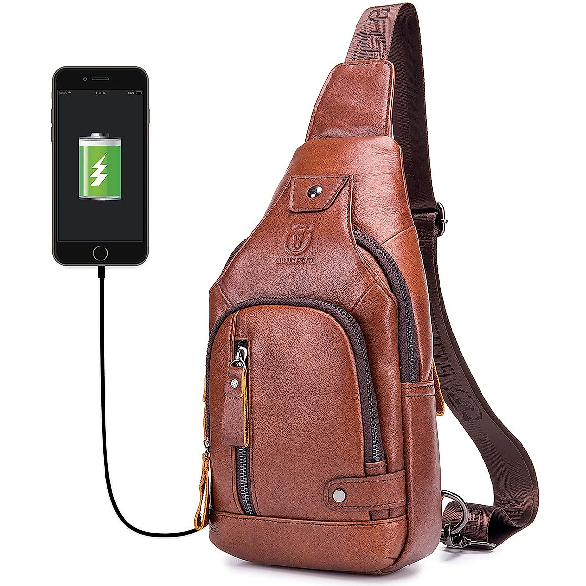 BULLCAPTAIN Men Crossbody Bag with USB Charging Port Genuine Leather Shoulder Sling Chest Bag Travel Hiking Backpack (Brown)
