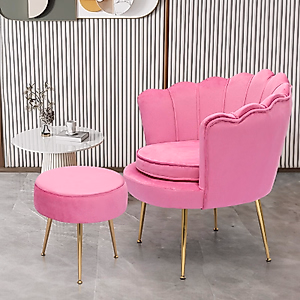 MoNiBloom Pink Accent Chair with Ottoman, Living Room Upholstered Modern Velvet Chair, Bedroom Leisure Single Sofa Chair Armchair Comfy Chair Reading Club Coffee Chair with Pillow and Soft Cushion