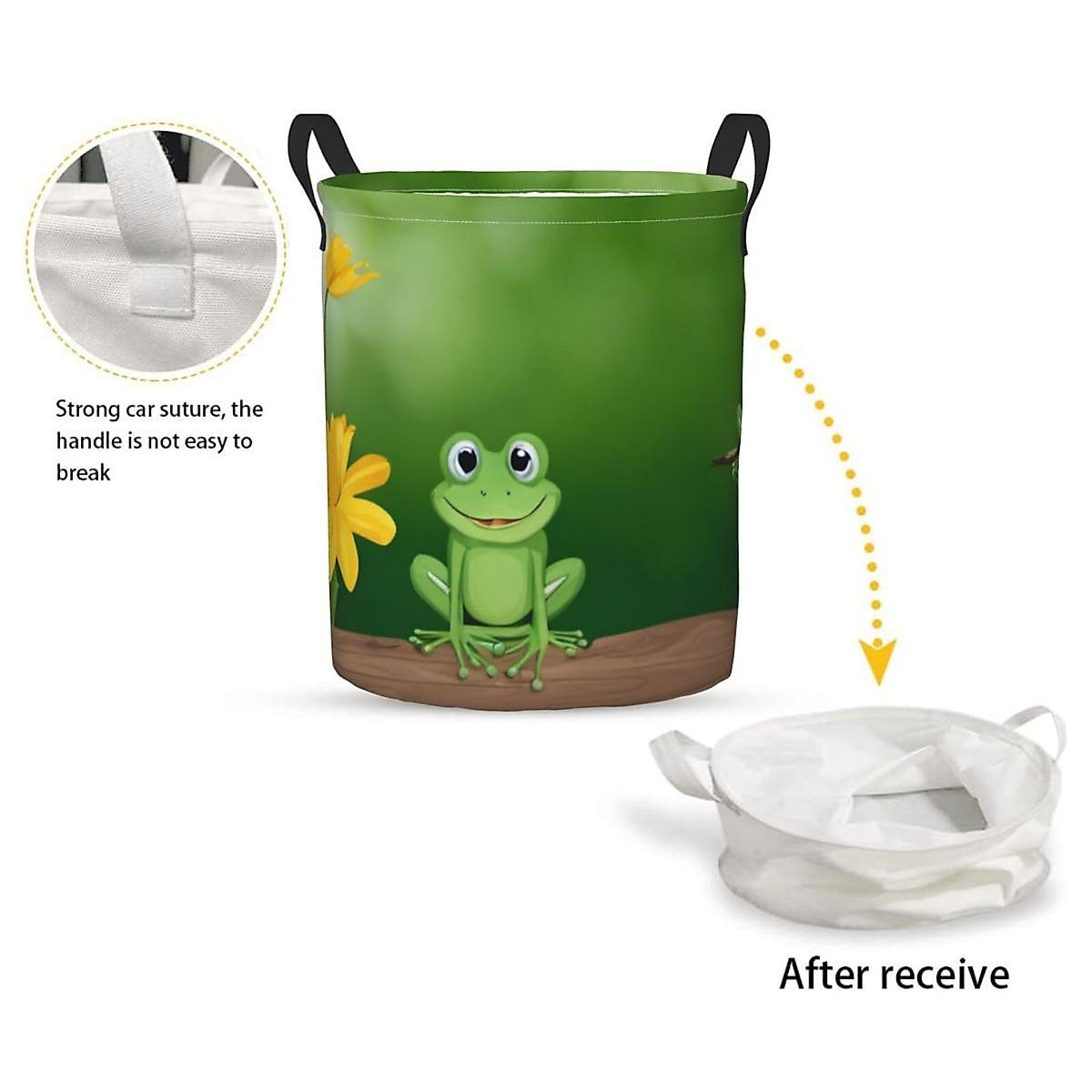 Delerain Frog Yellow Flower Laundry Basket, Waterproof Laundry Hamper with Handles, Collapsible Toy Bins Dirty Clothes Round Storage Basket for Home Bathroom Office Nursery, 19.6X15.7(M)