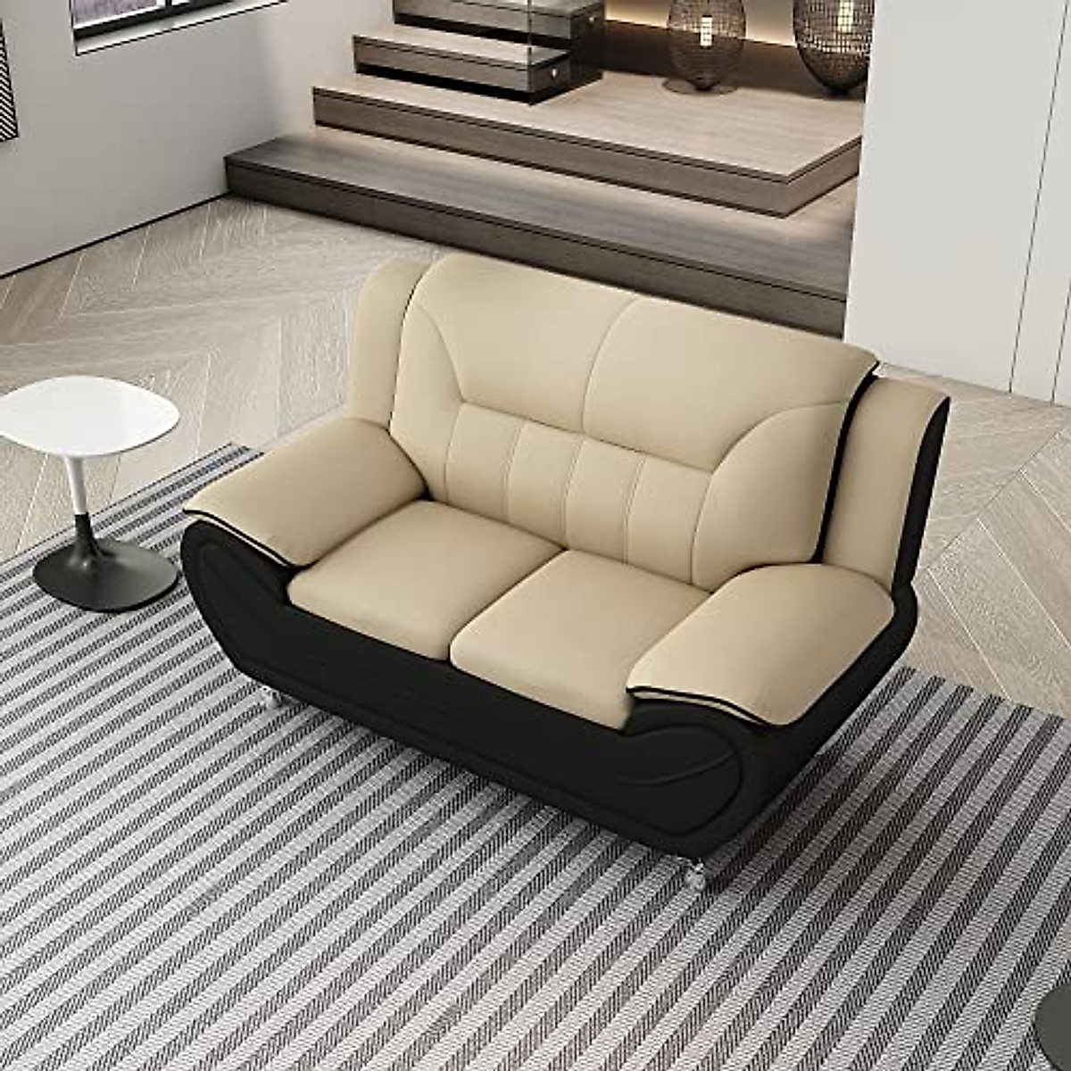 Container Furniture Direct Michael Modern Faux Leather Upholstered Stainless Steel Legs Living Room Loveseat, Camel/Black