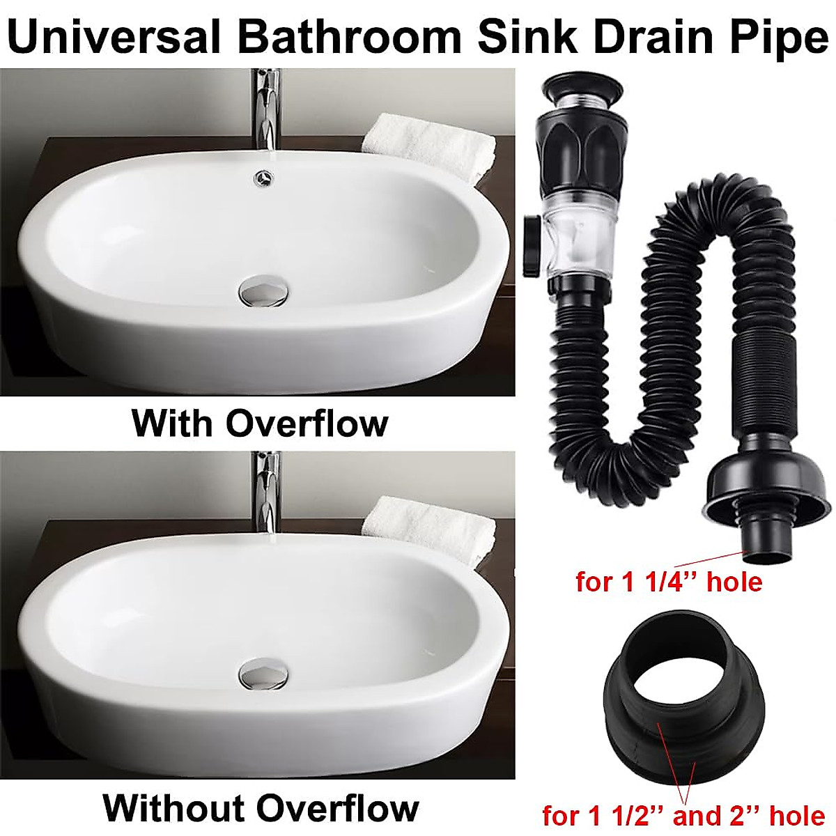 Bathroom Sink Drain Kit with Flexible Expandable P-Trap Sink Drain Pipe Tube Anti-Odor Bathroom Sink Drain Pipe for 1-1/4",1-1/2" and 2'' Drain Hole