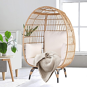 OTSUN Wicker Egg Chair, Oversized Egg Basket Chair for Living Room, Backyard, Outdoor Indoor Lounger with 4 Cushions, 440lb Capacity, Steel Frame, Ivory