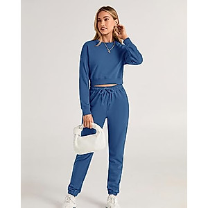 BTFBM Women 2 Piece Outfits 2023 Long Sleeve Crop Tops Tracksuit Drawstring Pant Jogger Set Casual Sweatsuits Pullover(Solid Lake Blue, Medium)