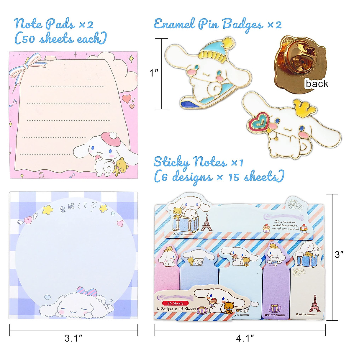 Ohjijinn Kawaii School Supplies Set, Cute Office Supplies, Includes Pencil Case, Ballpoint Pens, Ruler, Sticky Note, Stickers, Enamel Pins, Lanyard with ID Card Holder for Girls Gifts