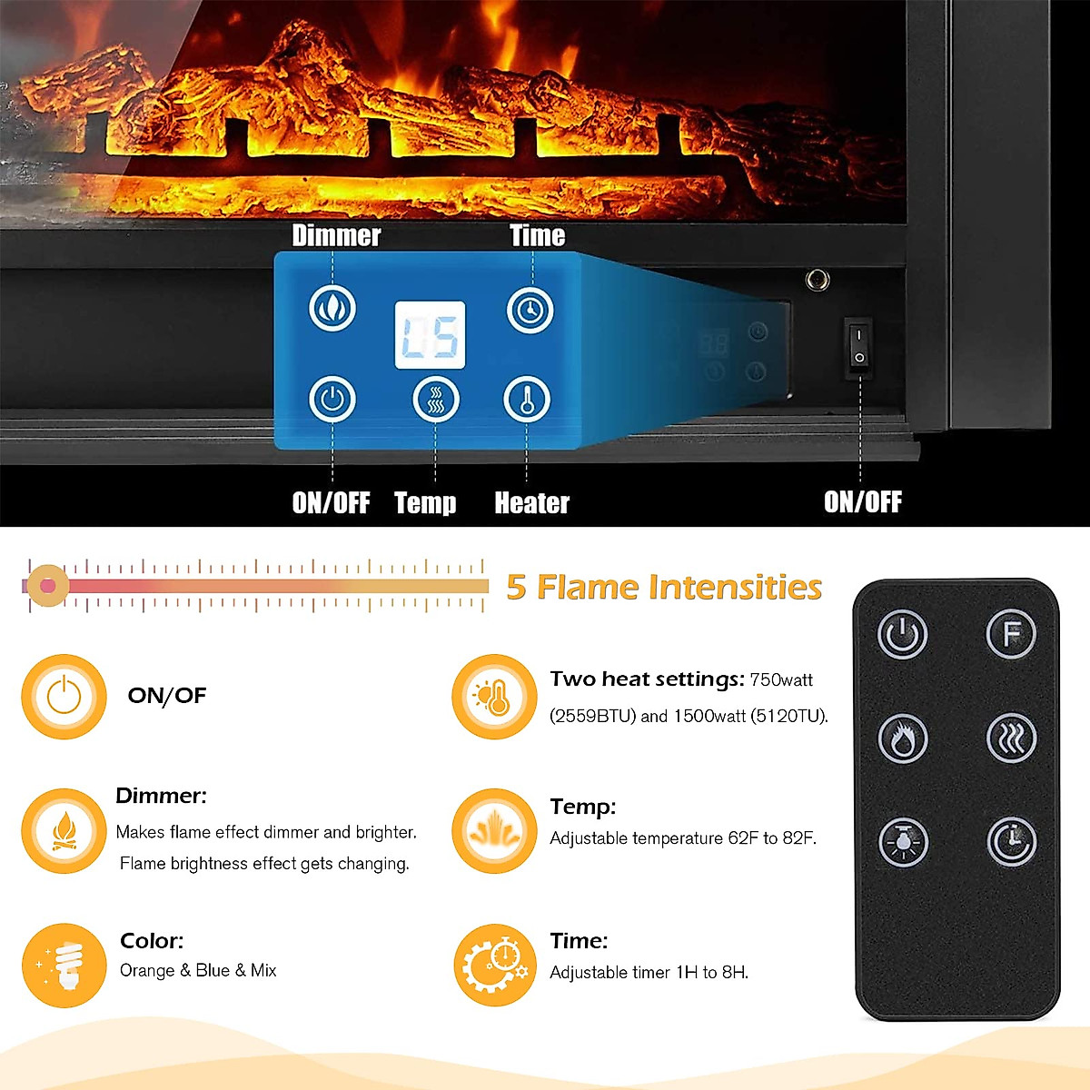 Homedex 28.5" Electric Fireplace Insert Recessed Mounted with 3 Color Flames, 750/1500W Fireplace Electric with Remote Control and Timer, Standing Fireplace Heater
