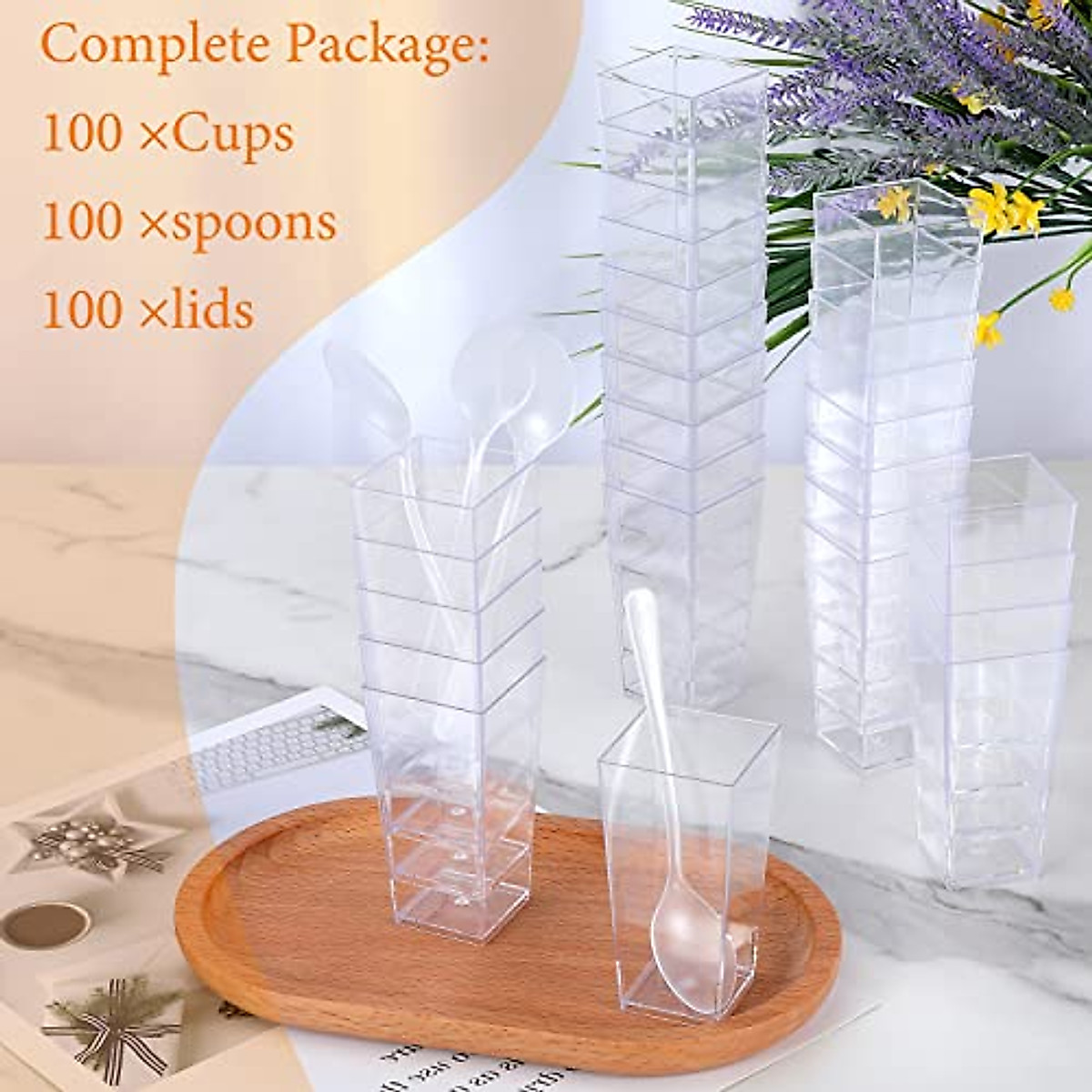 HawHawToys 100 Pack 3 OZ Dessert Cups with Lids and Spoons,Square Plastic Dessert Shooter Cups Parfait Cups for Party Desserts,Appetizer Serving (100)