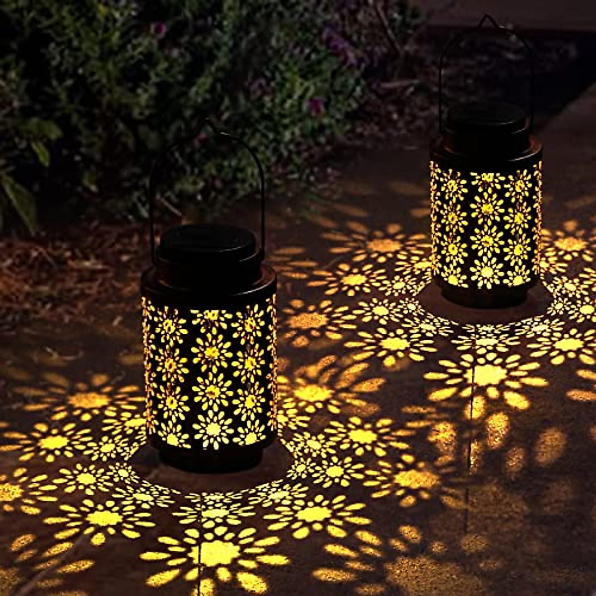2 Pack Solar Lanterns Outdoor Hanging Retro Metal Landscape Lighting for Patio Yard Pathway Decorative, Crafted Garden Solar Lights Decor Indoor Long Lasting Performance Hollowed Out Pattern