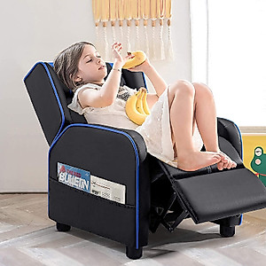 VIT Kids Recliner, Gaming Recliner Chair w/Footrest, Headrest, Lumbar Support & Side Pockets, Ergonomic Leather Lounge Chair for Living & Gaming Room, Adjustable Recliner Sofa for Boys Girls, Blue