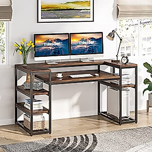 Tribesigns 63 Inches Computer Desk with Open Storage Shelves, Large Office Desk with Monitor Shelf & CPU Stand, Study Writing Table Workstation with Printer Stand for Home Office(Brown)
