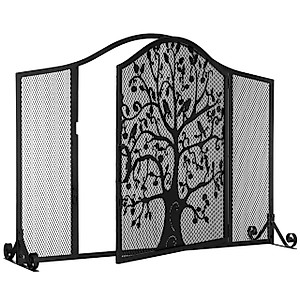 MyGift Black Wrought Iron Fireplace Screen Door with Silhouette Tree & Bird Design
