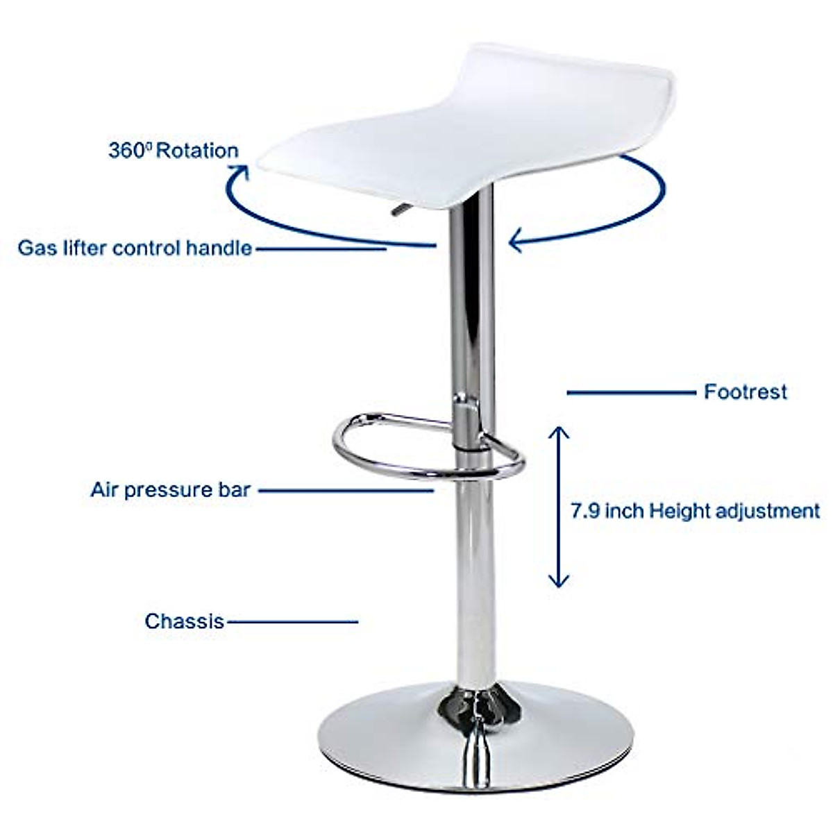 Set of 2 Barstool, Adjustable Swivel Bar Stools with PU Leather and Chrome Base, Gaslift Pub Counter Chairs,White