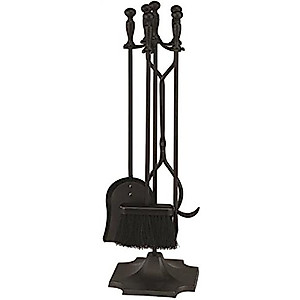 Rocky Mountain Goods 5 Pcs Fireplace Tool Set Black 31” Large - Shovel, brush, poker, tongs, stand - Heavy duty wrought iron tools with decorative finish - Ergonomic Ball handles