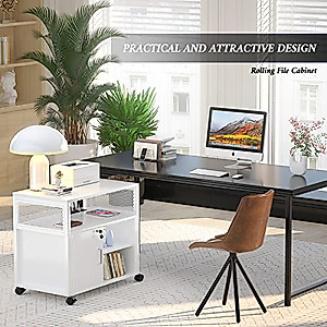 Unikito L Shaped Desk with LED Strip and Power Outlets and Rolling Printer Stand with LED Lights File Cabinet, Home Office Desk and Lateral Office Storage Filing Cabinet, White