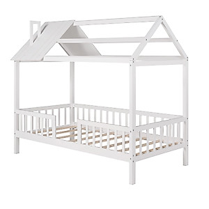 VilroCaz Twin Size Wood House Bed with Safety Full-Length Fence, Playhouse Design Tent Bed Platform Bed Frames with Roof, Strong Sturdy Wood Slats Support for Kids, Girls & Boys (White-Twin)